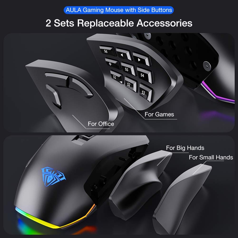 AULA H510 MMO Gaming Mouse, with Backlit RGB LED, 14 Buttons Programmable, 10,000 DPI, Ergonomic Optical Sensor USB Wired Computer Mice for FPS/MOBA Games, Black