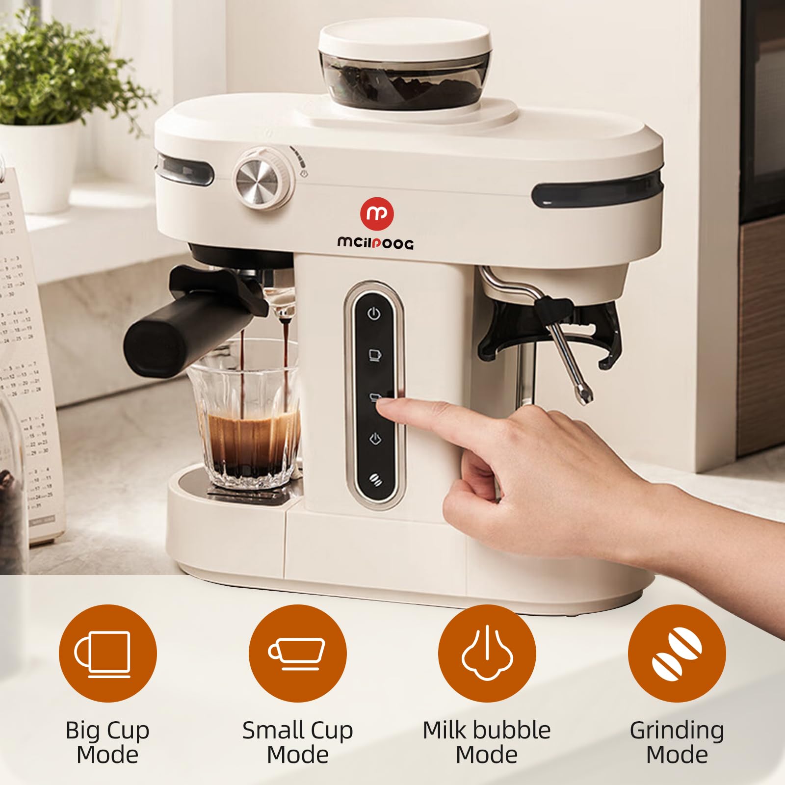 Mcilpoog AC510 15Bar Semi Automatic Espresso Machine With Grinder & Steam Wand,3-in-1 Compact Espresso Coffee Maker With 28 oz Removable Water Tank for Cappuccino or Latte,Gift for Dad(creamy white)