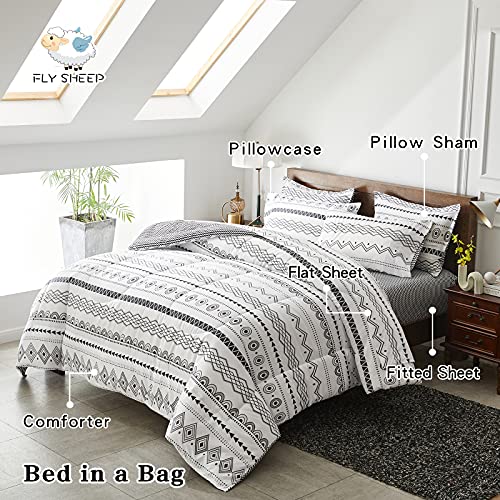 Flysheep Boho Bed in a Bag 7 Pieces Queen Size, Black and White Bohemian Geometric Reversible Bed Comforter Set for All Season(1 Comforter, 1 Flat Sheet, 1 Fitted Sheet, 2 Pillow Shams, 2 Pillowcases)