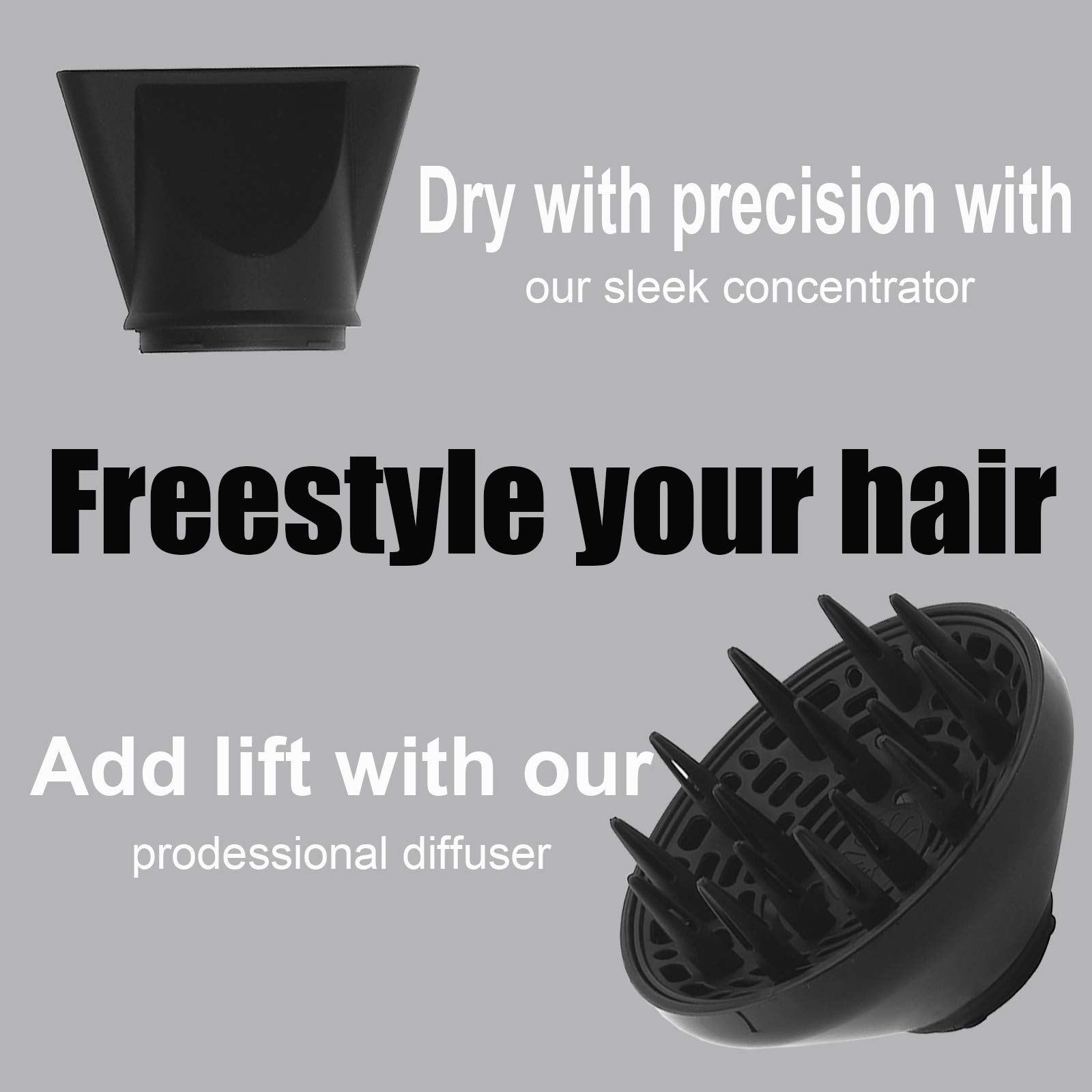 Orlif 1875W Hair Dryer，Ionic Fast Dry Noiseless Hair Blow Dryer with AC Motor，Professional Salon Hair Dryers with Diffuser，Concentrator，2 Speed and 3 Heat Settings，Cool Shot Button，Gray