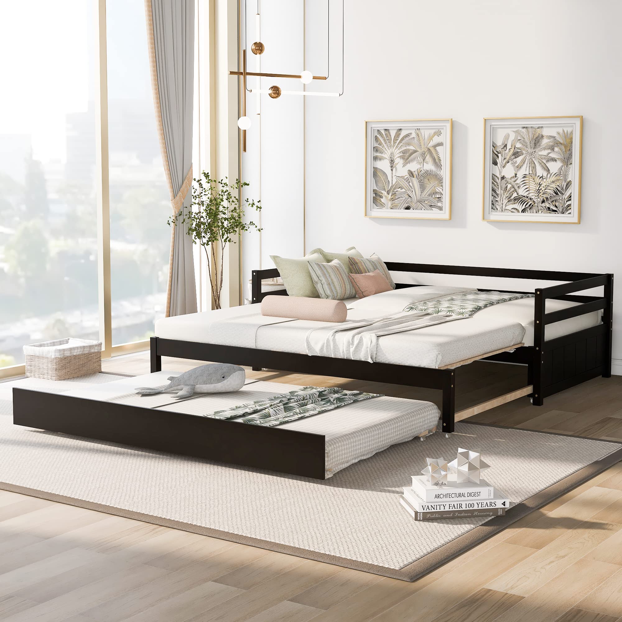 Bellemave Twin Daybed with Trundle, Espresso, Wood Extendable Day Bed Frame, Modern Furniture for Girls Boys Teens