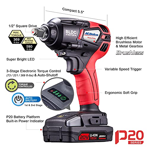 ACDelco ARI20174-PM P20 Series 20V Cordless Li-ion 1/2β 369 ft-lbs. Heavy Duty Brushless Impact Wrench Tool Kit