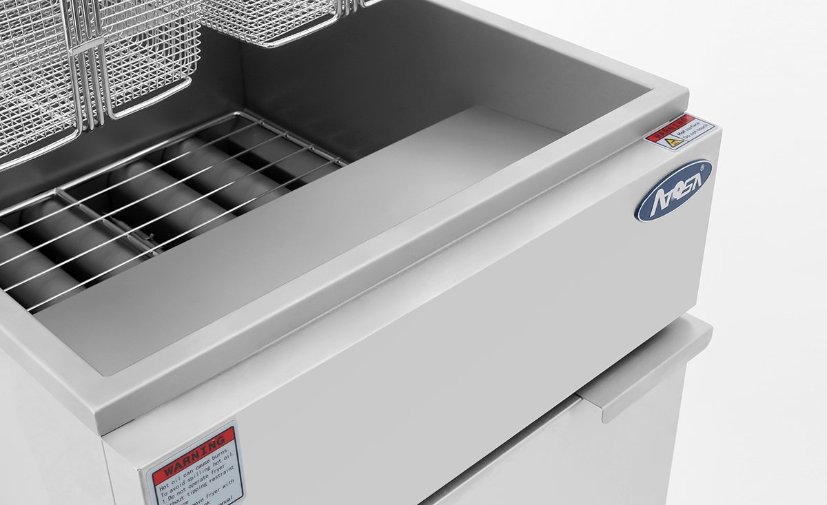 Atosa CookRite ATFS-40-NG 40 lbs Free Standing Floor Fryer with Temperature Control | 3 Cast-Iron Vertical Burner Tubes | 2 Removable Frying Baskets | Stainless Steel, 102,000 BTU, Natural Gas (NG)