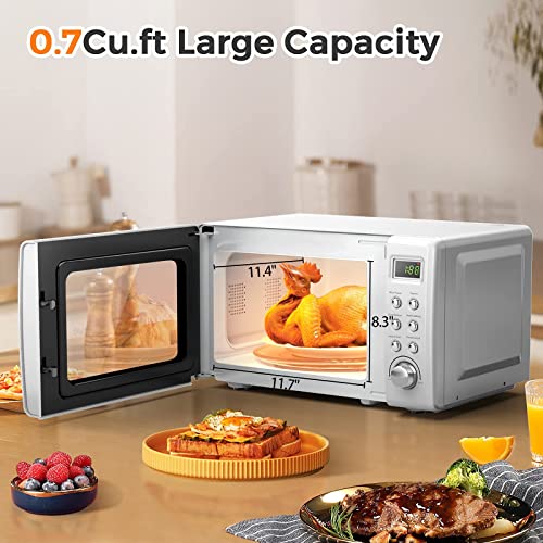ARLIME Retro Microwave Oven, 0.7Cu.ft, 700-Watt with 5 Micro Power Defrost & Auto Cooking Function, Stainless Steel, LED Display, Easy Clean Interior, Small Countertop Microwave (White)