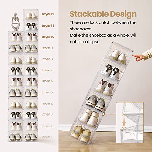 Amllas 10 Pack Clear Shoe Boxes Stackable,Shoe Storage for Closet,Sturdy Box Containers with Door,Sneaker Storage,Easy to Assemble,Fit up US Size 12(13.8βx 9.84βx 7.1β)