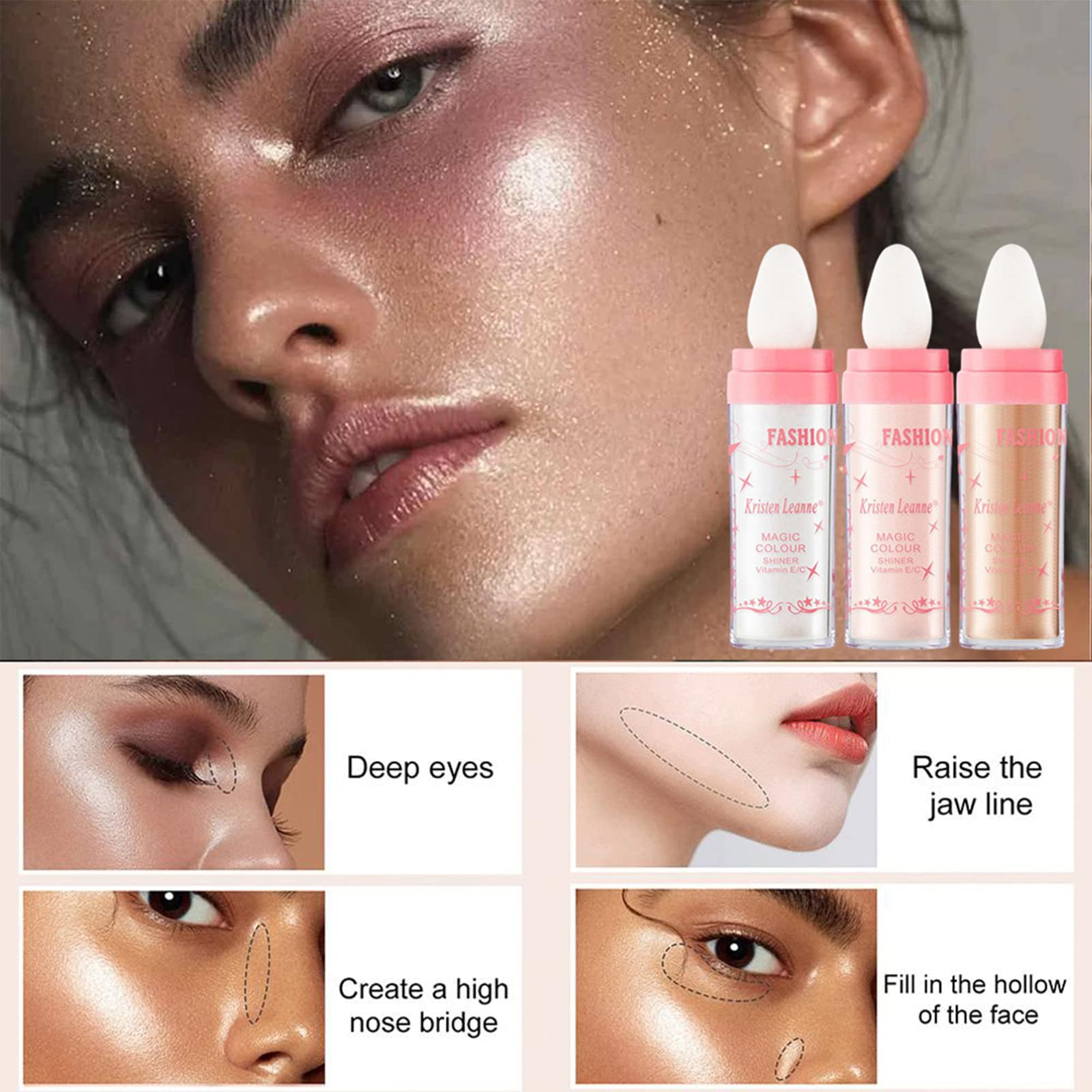 3 Pack Polvo De Hadas Fairy Highlight Patting Powder Body Brightens the Natural Three-dimensional Patting Powder Blusher (White Moonbeam+Pink+Golden Brown)