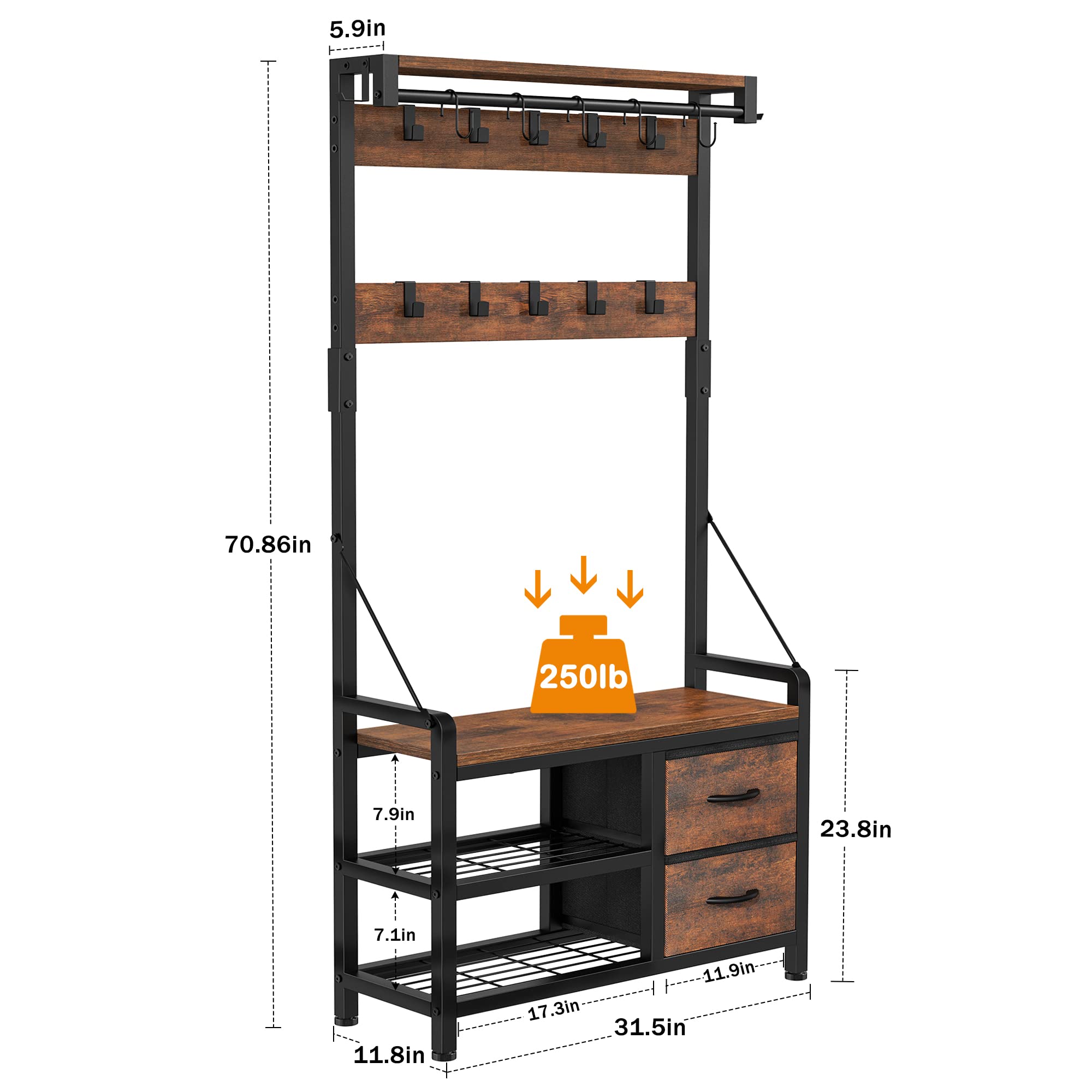 Lulive Hall Tree, 31.5” Entryway Bench with Coat Rack freestanding, 5 in 1 Intelligent Design Shoe Bench and Wall Rack 17 Hooks and Drawers (Rustic Brown)