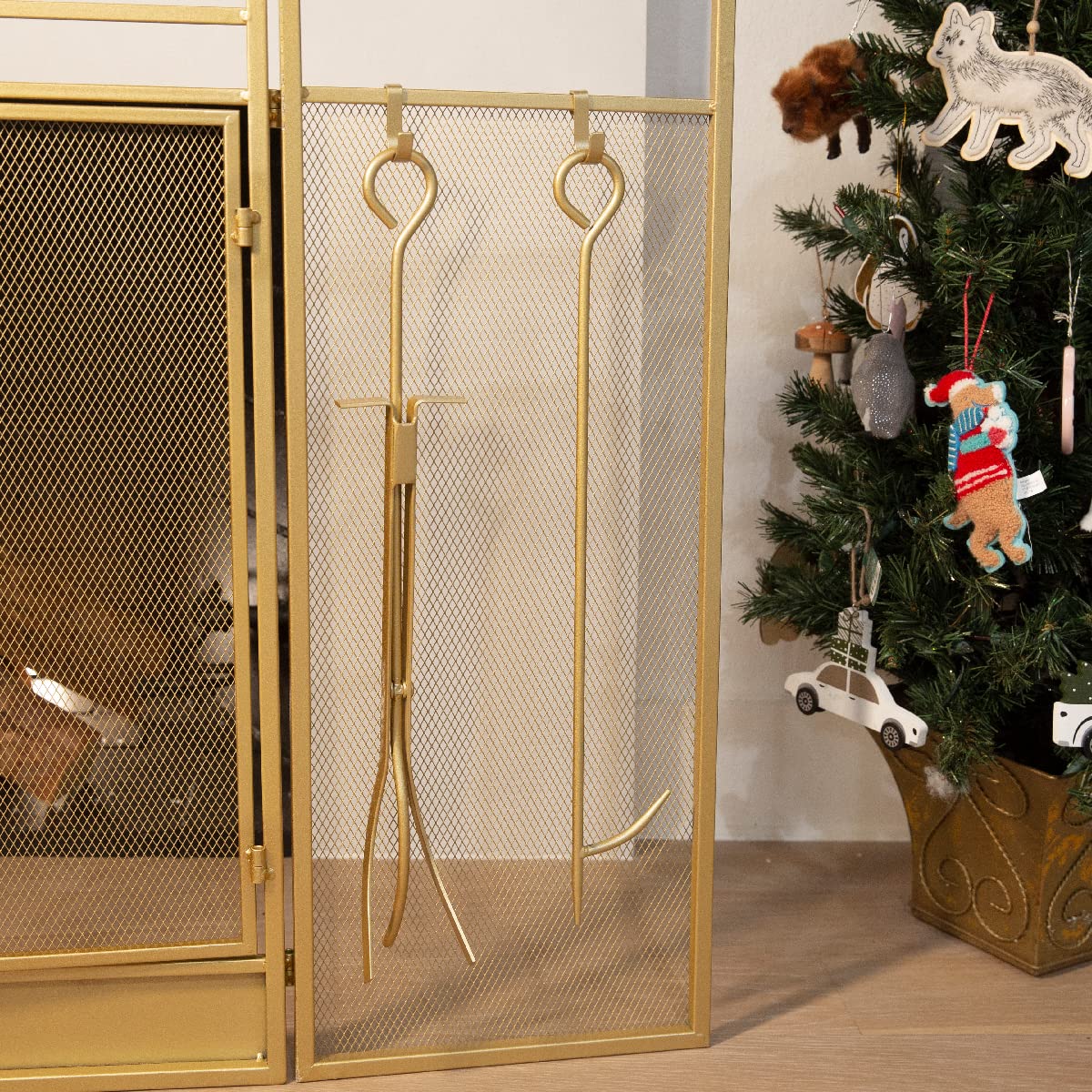 Barton 48" Fireplace Screen 3-Panel Folding Magnetic Doors with 4-Pieces Fire Place Tools Set Steel Fire Spark Guard, Gold