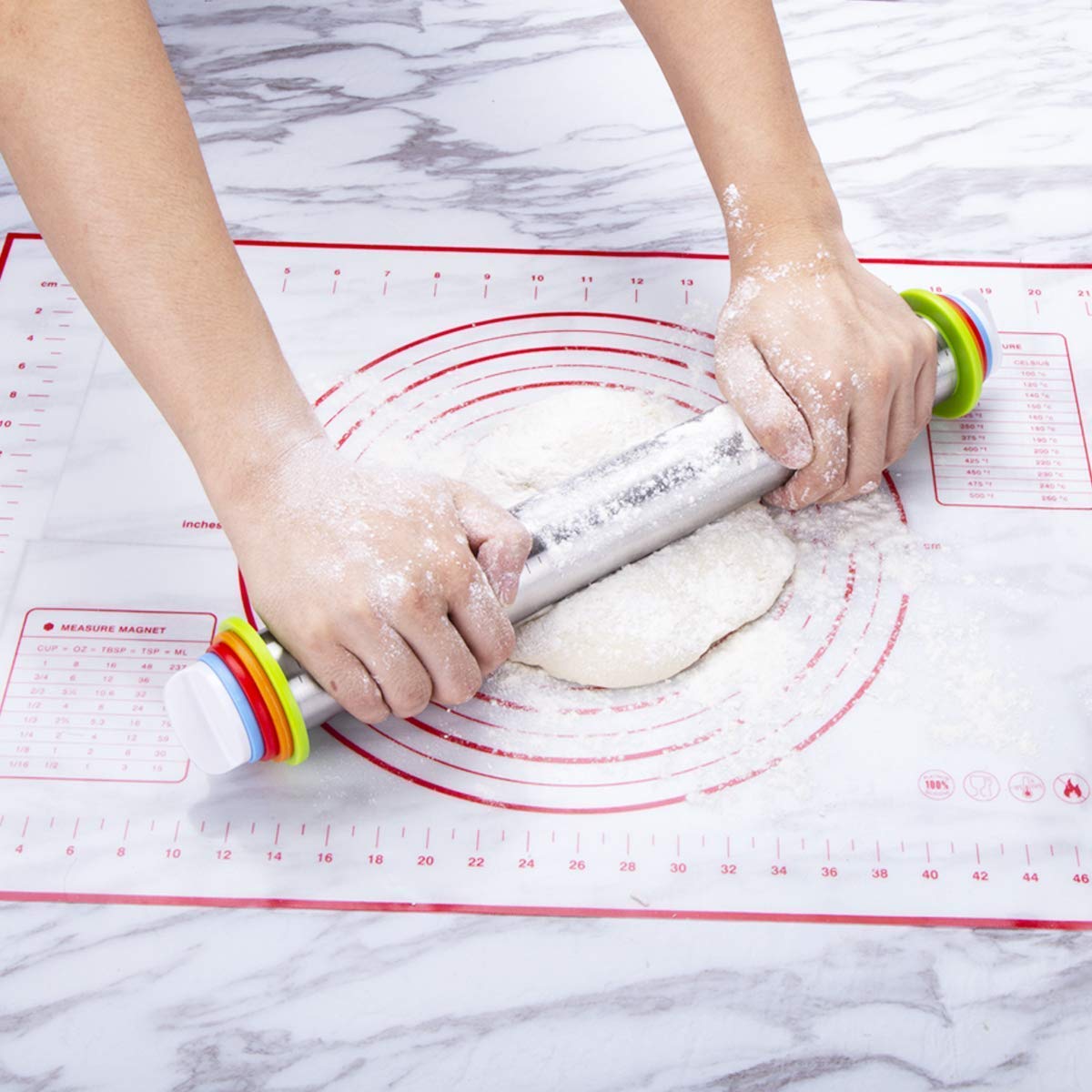 Adjustable Rolling Pin with Thickness Rings and Pastry Mat Set for Baking Cookie Chapati Fondant Dough Pastry Pizza Pie Crust, Stainless Steel Roller Pin