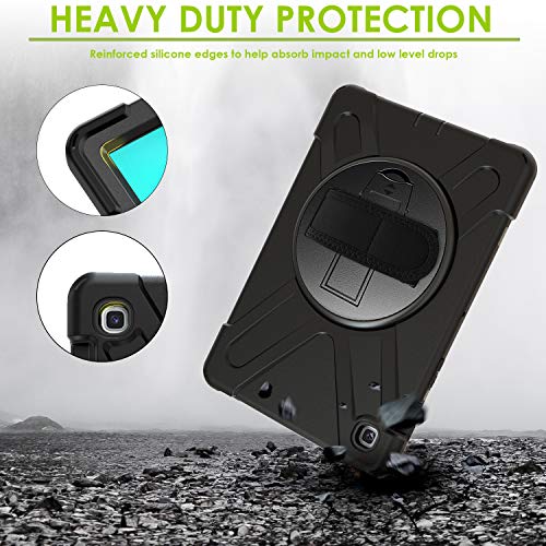 KIQ Shield Series Samsung Tab 10.1 Case SM-T510/T515 Samsung Galaxy Tab A 10.1 Case 2019 Shockproof Rugged Cover 360 Kickstand, Hand Strap & Shoulder Strap for Galaxy Tab A 10.1 Inch - Black