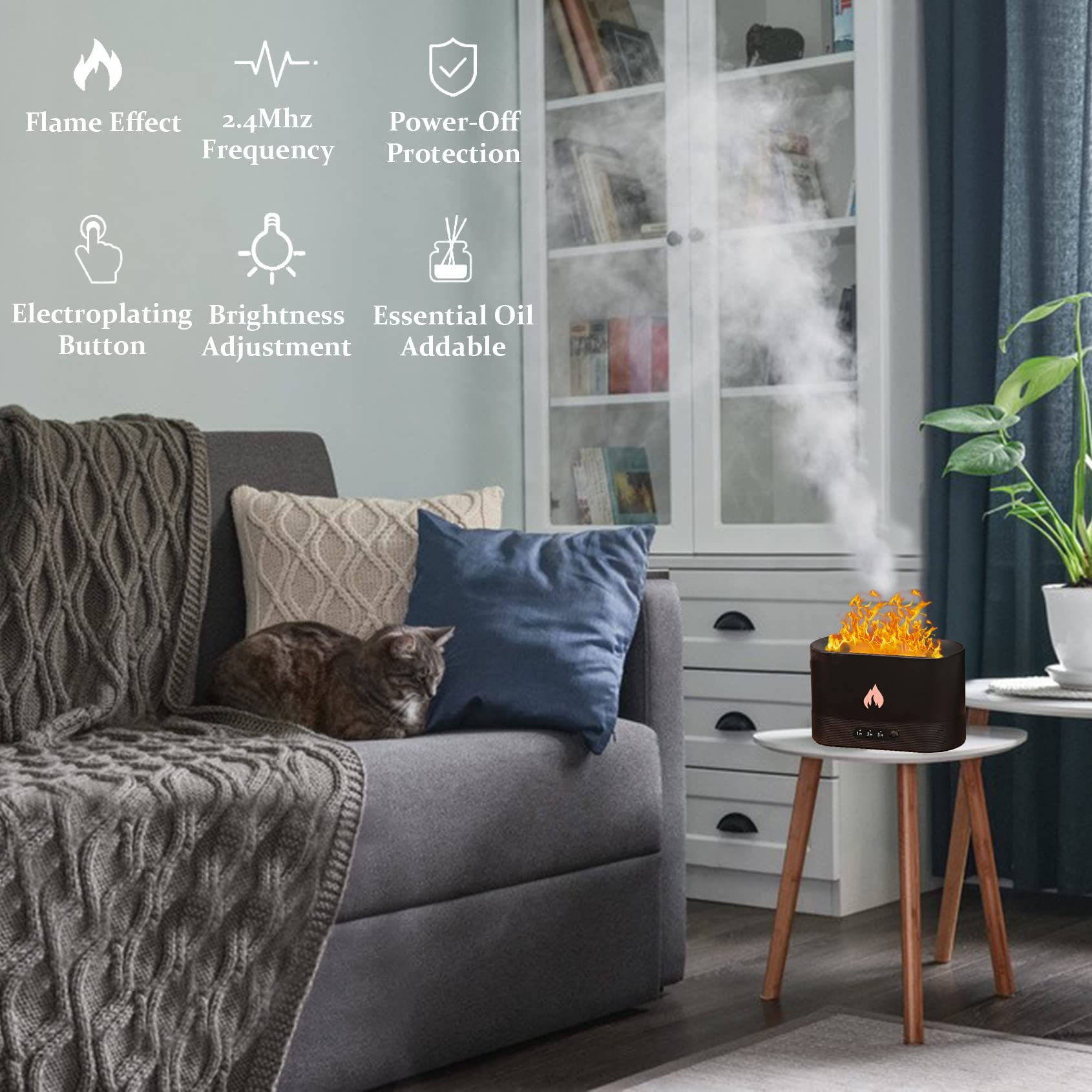 3D Yellow Light and Blue Light Flame Diffuser, Cool Mist Humidifiers with Flame Lights, Humidifier Functioned with Three Gears and Automatic Power-Off, Applicable to Office, Bedroom, and Home-Use
