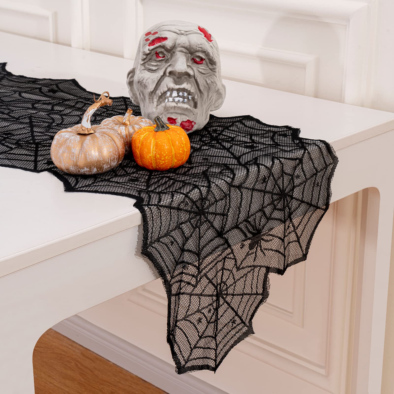 5 Pack Halloween Decorations Tablecloth Set, Black Lace Table Runner Round Spider Cobweb Table Cover Fireplace Mantel Scarf Spiderweb Lampshade with 48pcs Scary 3D Bat for Halloween Party Decor