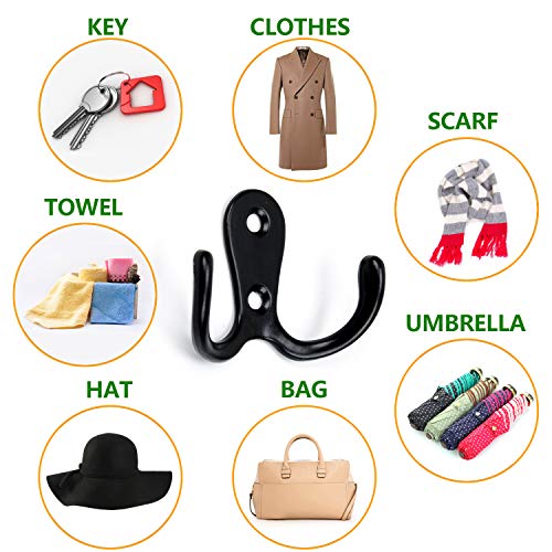 OUSHINAN 21 Pieces Double Prong Robe Hook Rustic Hooks Retro Cloth Hanger Coat Hanger Wall Mounted Hook with 42 Pieces Screws (Black Color)