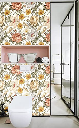 Blooming Wall Beige Multicolor Peony Daisy Peel and Stick Wallpaper Self Adhesive Wall Mural Wall Decor, 14.5 Square Ft/Roll