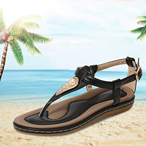 peqiut Sandals for Women Casual Summer Womens Peal Buckle Ankle Strap Sandals Boho Beach Flat Comfort T-Strap Thong FlipFlops