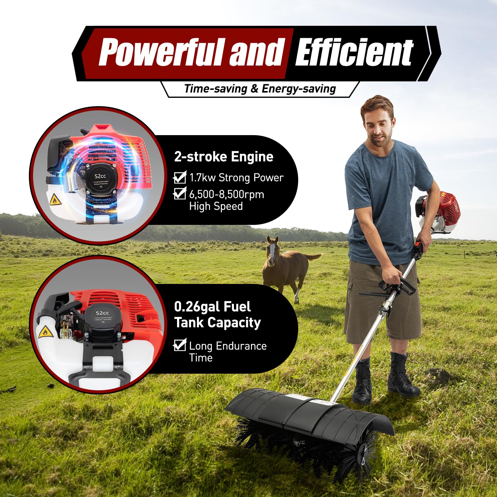 Bacacoo 52cc 2.3HP Gas Power Sweeper, Walk Behind Power Sweeper Broom 1700w Gas Engine Sweeper Lawn Gravel Turf for Cleaning Artificial Grass Sites Farms