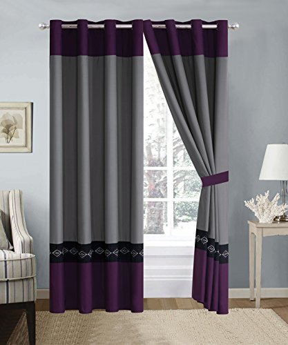 Grand Linen 3 Piece Full Size Dark Purple/Grey/Black Double-Needle Stitch Puckered Pinch Pleat All-Season Bedding-Down Alternative Embroidered Comforter Set
