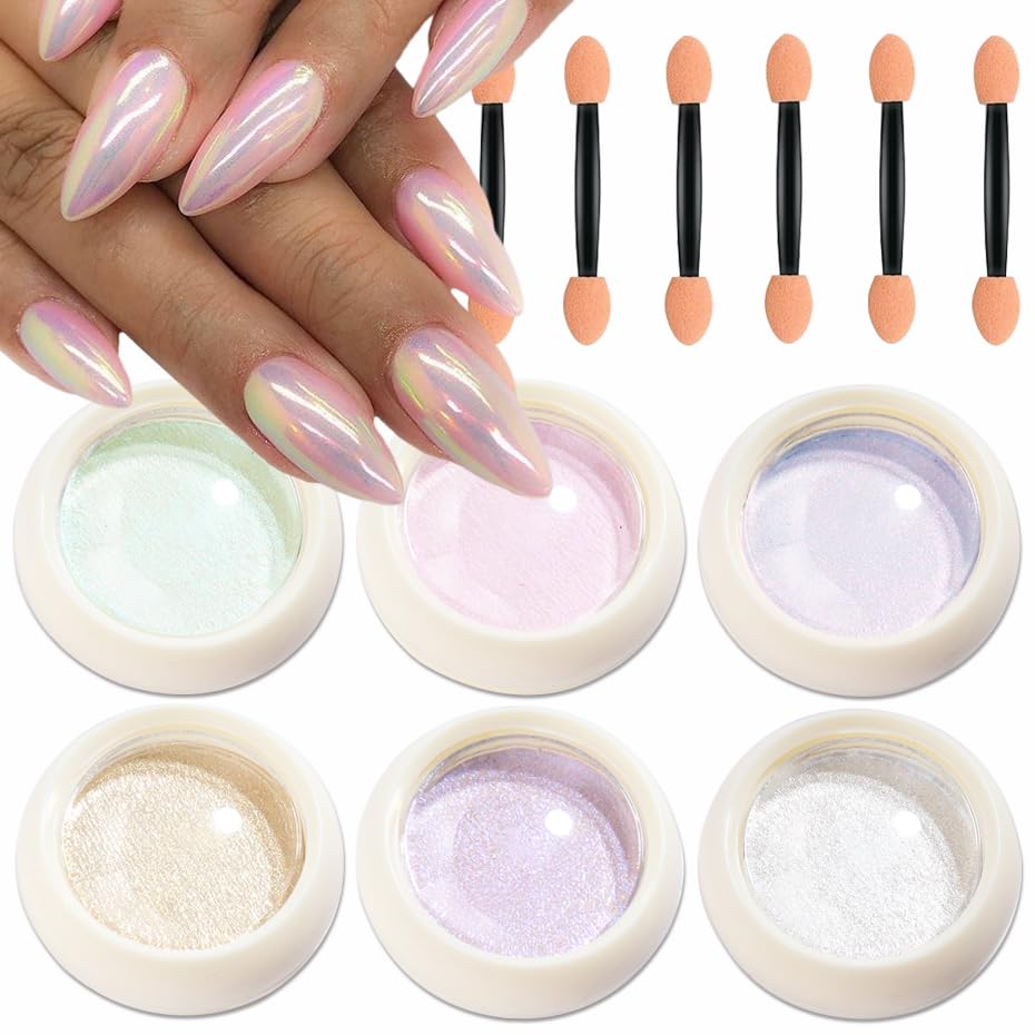 GORS Solid Non-Splash Chrome Nail Powder - Aurora Color Holographic Metallic Mirror Effect Acrylic Nail Supplies Nail Glitter Mermaid Pearl Glitte Nails Art Decoration to Use with Gel Nail Polish