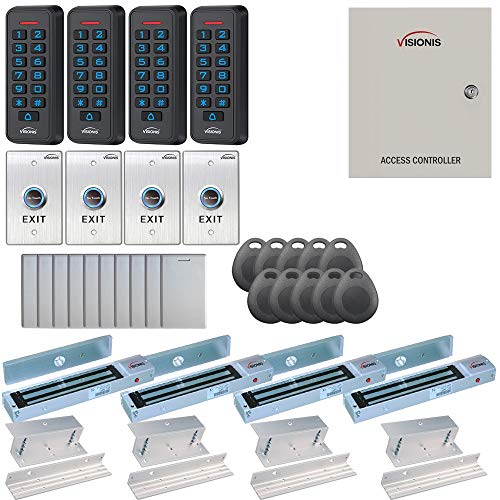 Visionis FPC-7298 Four Door Access Control System for 4 Doors Inswing Door 600lbs MagLock Time Attendance TCP/IP Wiegand Controller, Black RFID Card Reader and Keypad, 10,000 Users Software Kit