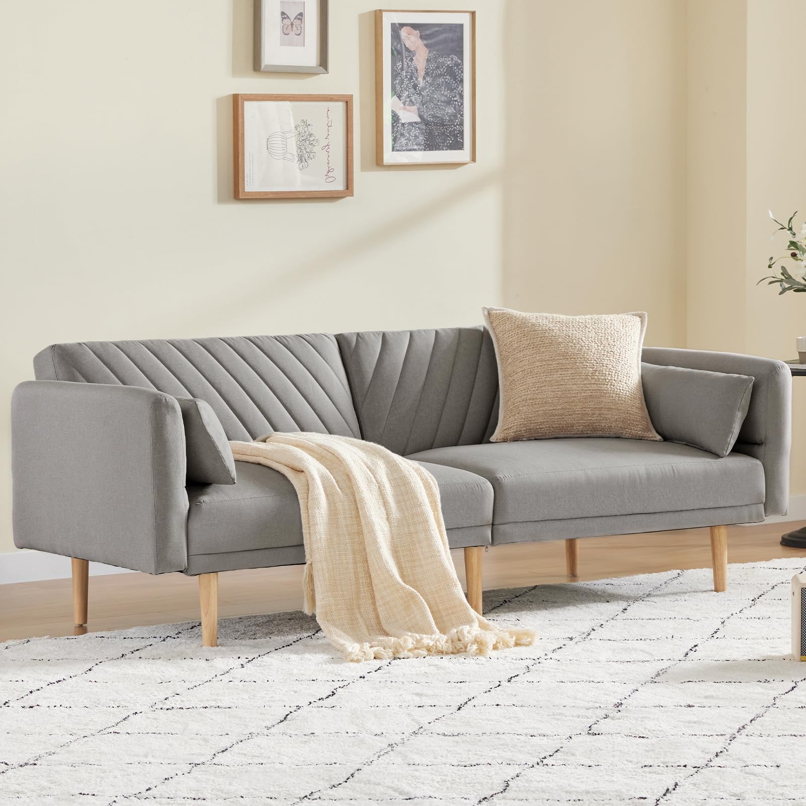WILLOVE 78'' Fabric Futon Sofa Bed, Convertible Sleeper Couch Bed with Adjustable Armrests and Backrest, Sleeper Bed with 2 Pillows, Modern Futon Couches for Living Room, Light Gray
