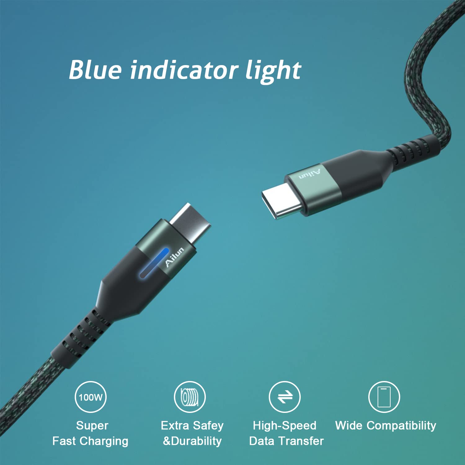 Ailun USB C Cable with LED Light Indicator USB C to C 100W PD Fast Charge Illuminated Nylon Braided 2Pack [6ft] for iPhone 15/15 Pro/15 Plus/15 Pro Max,Galaxy S24/S24 Plus/S24 Ultra/S23/S22/S21/S20