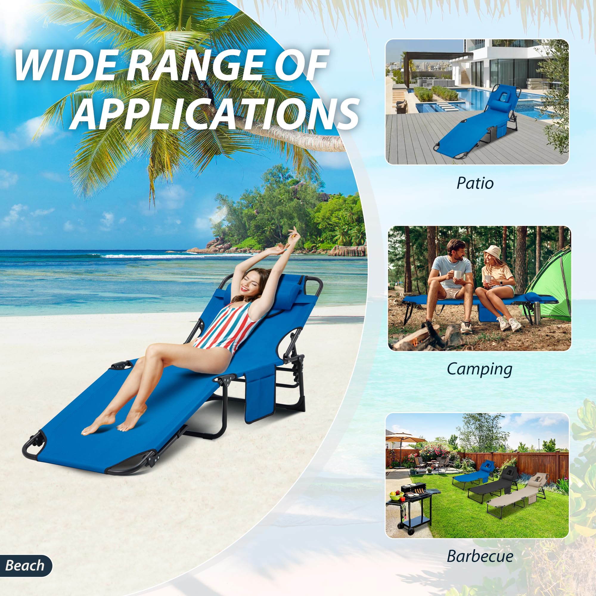 Candockway 5-Fold Lounge Chair, Outdoor Tanning Chair with Face Hole, Support 450lbs, Non-Slip Foot & Portable Handle, 2 Function Pockets Portable Chaise for Beach, Patio(1, Blue)