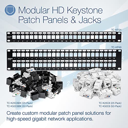 TRENDnet 24-Port Blank Keystone 1U Patch Panel, 1U 19" Metal Rackmount Housing, Recommended with TC-K25C6 & TC-K50C6 Cat6 Keystone Jacks (Sold Separately), Black, TC-KP24