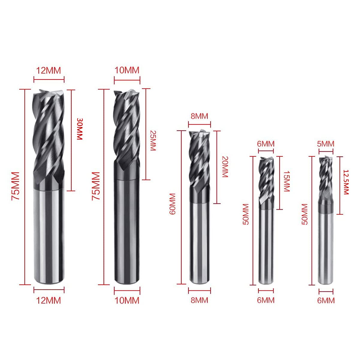 8pcs 2-12mm CNC Square Nose End Mills,Carbide Tungsten Steel 4 Fultes Milling Cutter, Router Bits Rotary Bits Tool Straight Shank 2-12mm