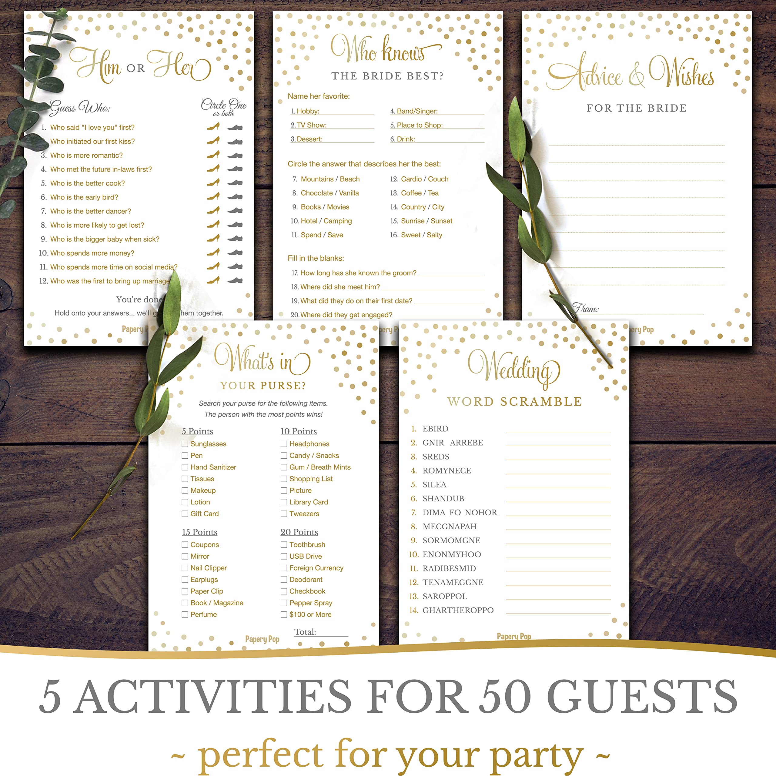 Bridal Shower Games - 5 Activities for 50 Guests - Double Sided Games - Gold Polka Dots