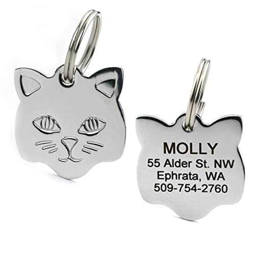 GoTags Cat ID Tag, Personalized Cat Shape Pet ID Tag in Stainless Steel, Includes up to 4 Lines of Custom Engraved Text â Stainless Steel, Kitty Face