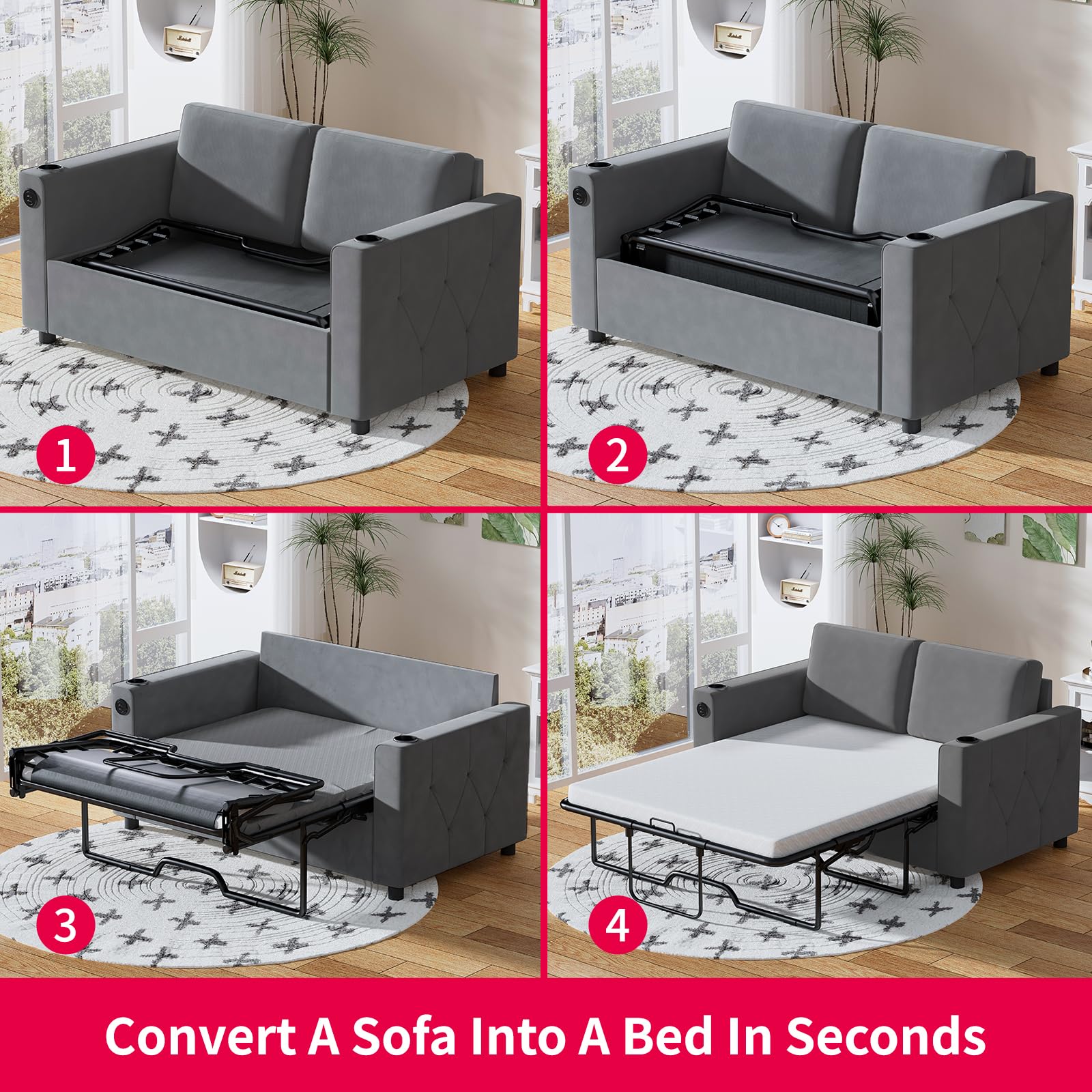 MUZZ Pull Out Couch Bed, 2 in 1 Sleeper Sofa Bed with Cup Holder & USB, Modern Velvet Sofa Bed with Foam Matress for Living Room, Apartment, Office(Queen/Dark Grey)