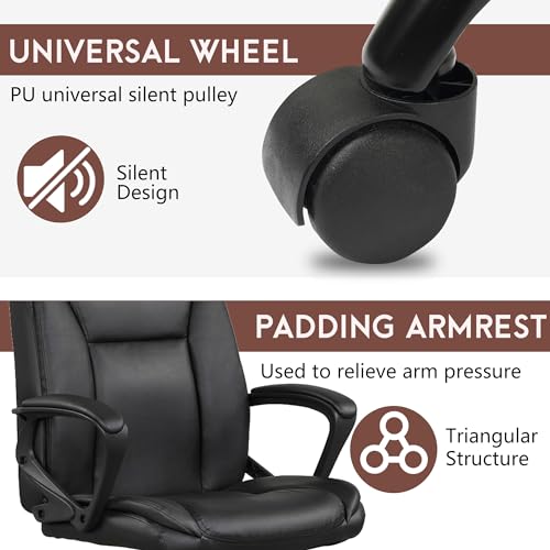 PayLessHere PU Leather Task Chair Home Office Chair Ergonomic Desk Chair with Lumbar Support and Armrests Adjustable Features with Mid Back Swivel Executive Computer Chair (Black)