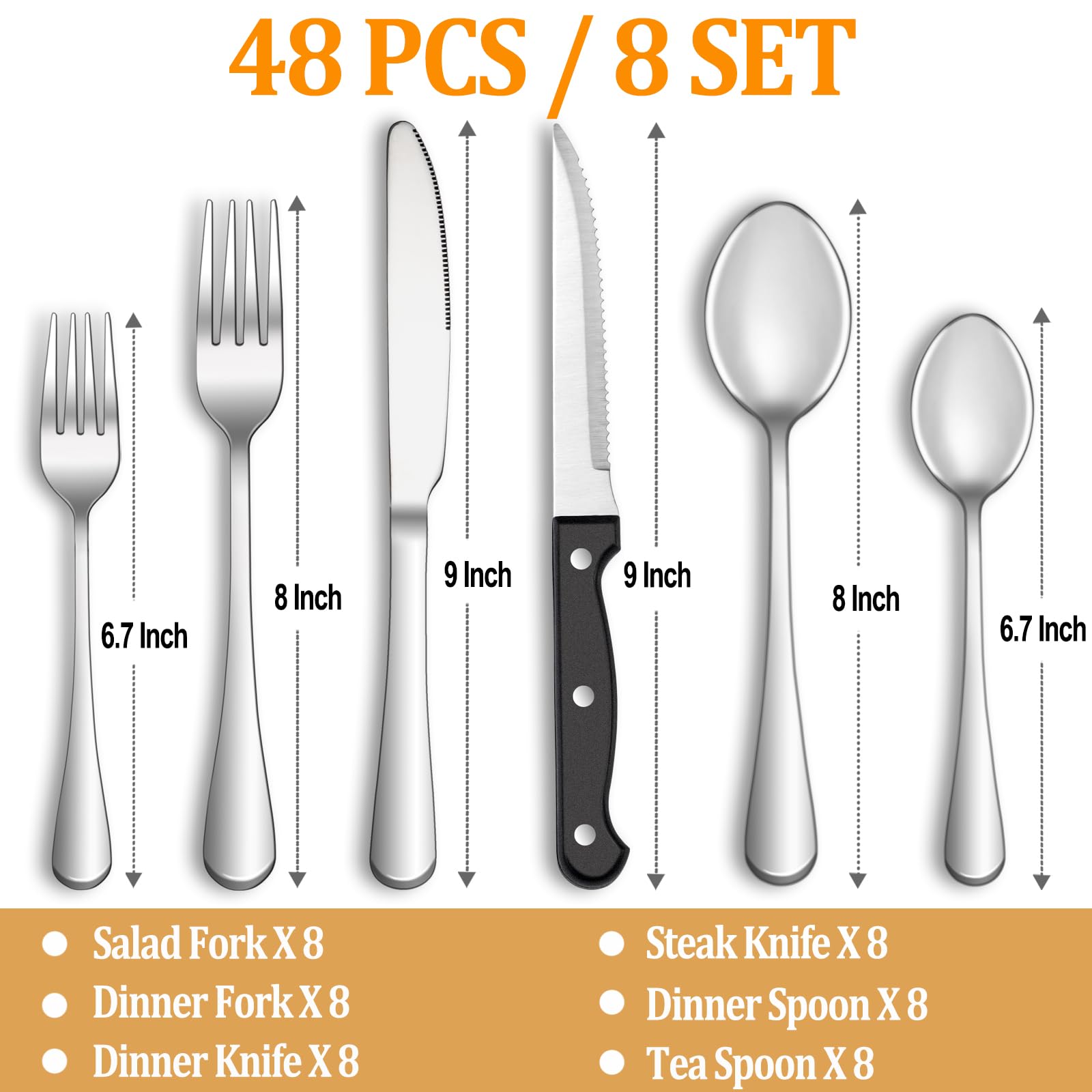 56 Pcs Silverware Set with Steak Knives and Metal Straw for 8,Stainless Steel Flatware Set, Mirror Polished Cutlery Utensil Set, Home Kitchen Eating Tableware Set,Fork Knife Spoon Set,Dishwasher Safe