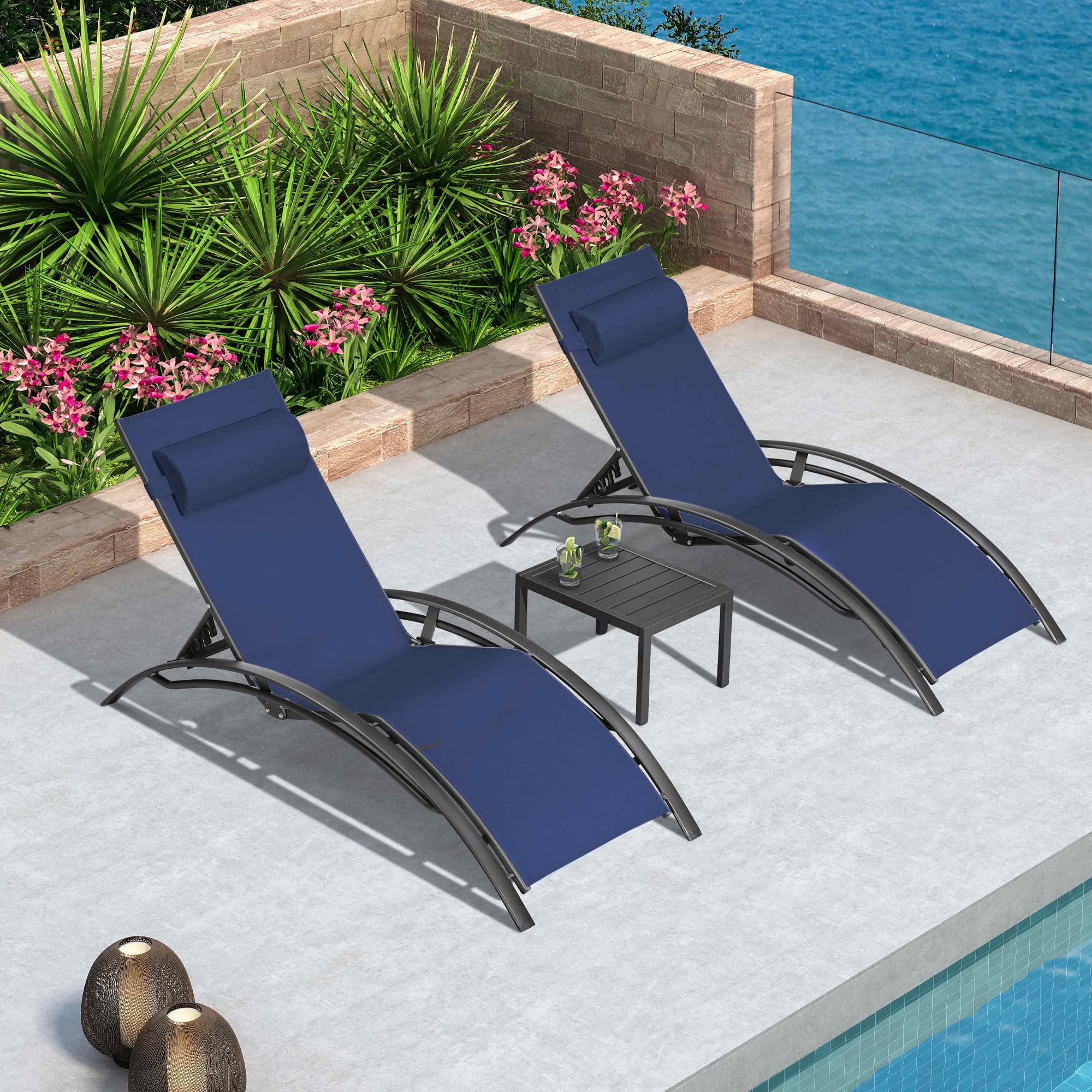 PURPLE LEAF Patio Chaise Lounge Chair Set with 2 Side Table Outdoor Pool Adjustable Recliner Chairs for Outside Beach Poolside Sunbathing Tanning Lounger