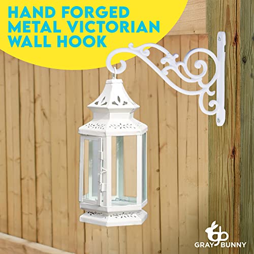 Gray Bunny Outdoor Plant Hanger Hook, 8” Large Victorian Heavy Duty Iron Wall Hooks for Bird Feeders, Lanterns, Wind Chimes, Patio Decor - White
