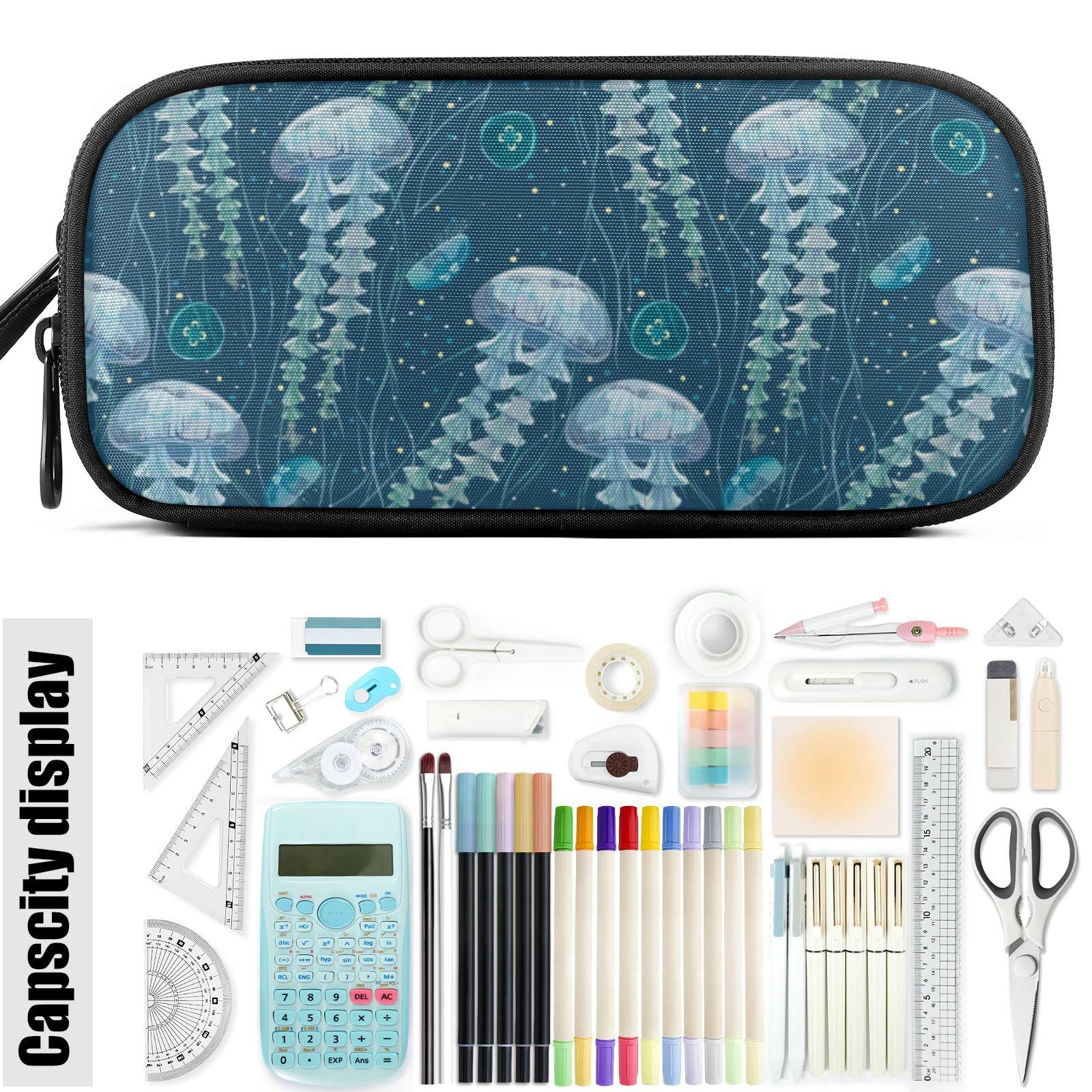 Fustylead Transparent Jellyfish Big Capacity Pencil Pen Case, Multi-Purpose Makeup Bag Organizer Storage Pouch for Office College School Hiking Travel