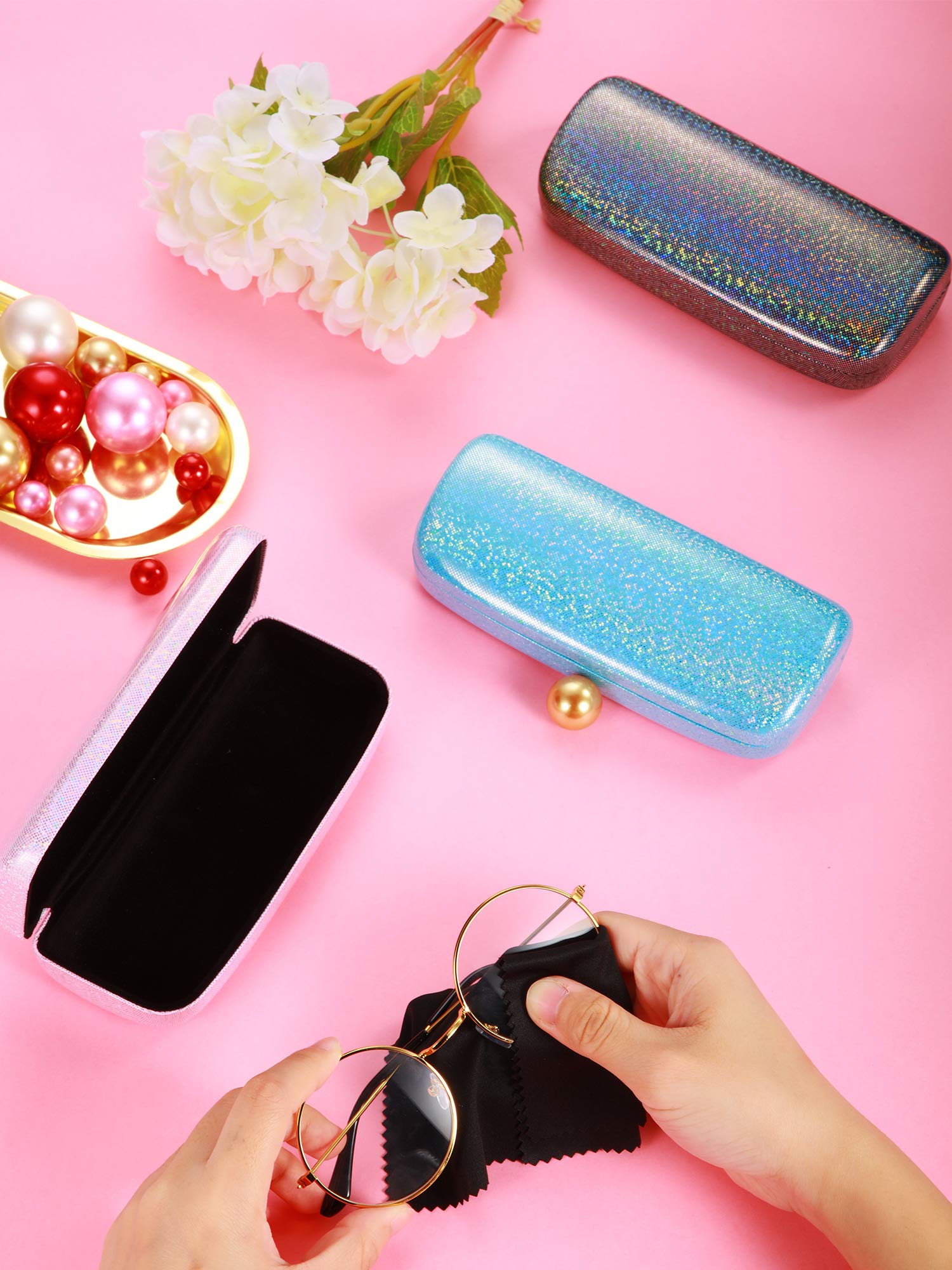 3 Pieces Hard Shell Sunglasses Case Dazzling Glitter Glasses Case Smooth Sunglasses Case with Eyeglass Cloth