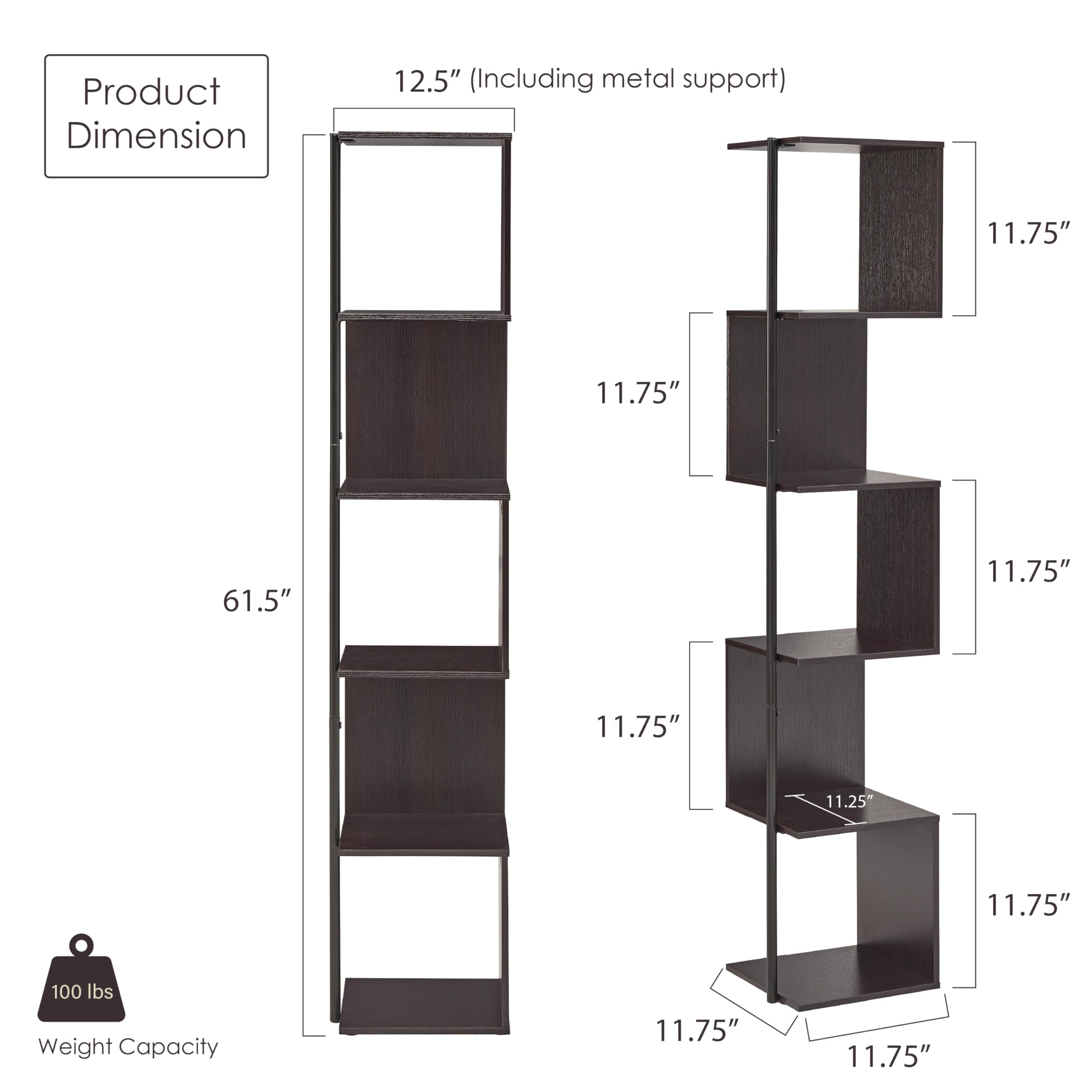 HOMES: Inside + Out Svenja Modern Style 60 in. Tall Corner Book Shelf Stand, 5 Tier Shelving Unit with Circular Metal Support, Living Room Bedroom Decor Aesthetic Wall Accessories, Espresso