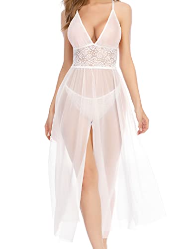 Avidlove Women Lace Babydoll Mesh Sleepwear Elegant Long Gown Sexy Halter Nightwear Split Maxi Lingerie Dress White L