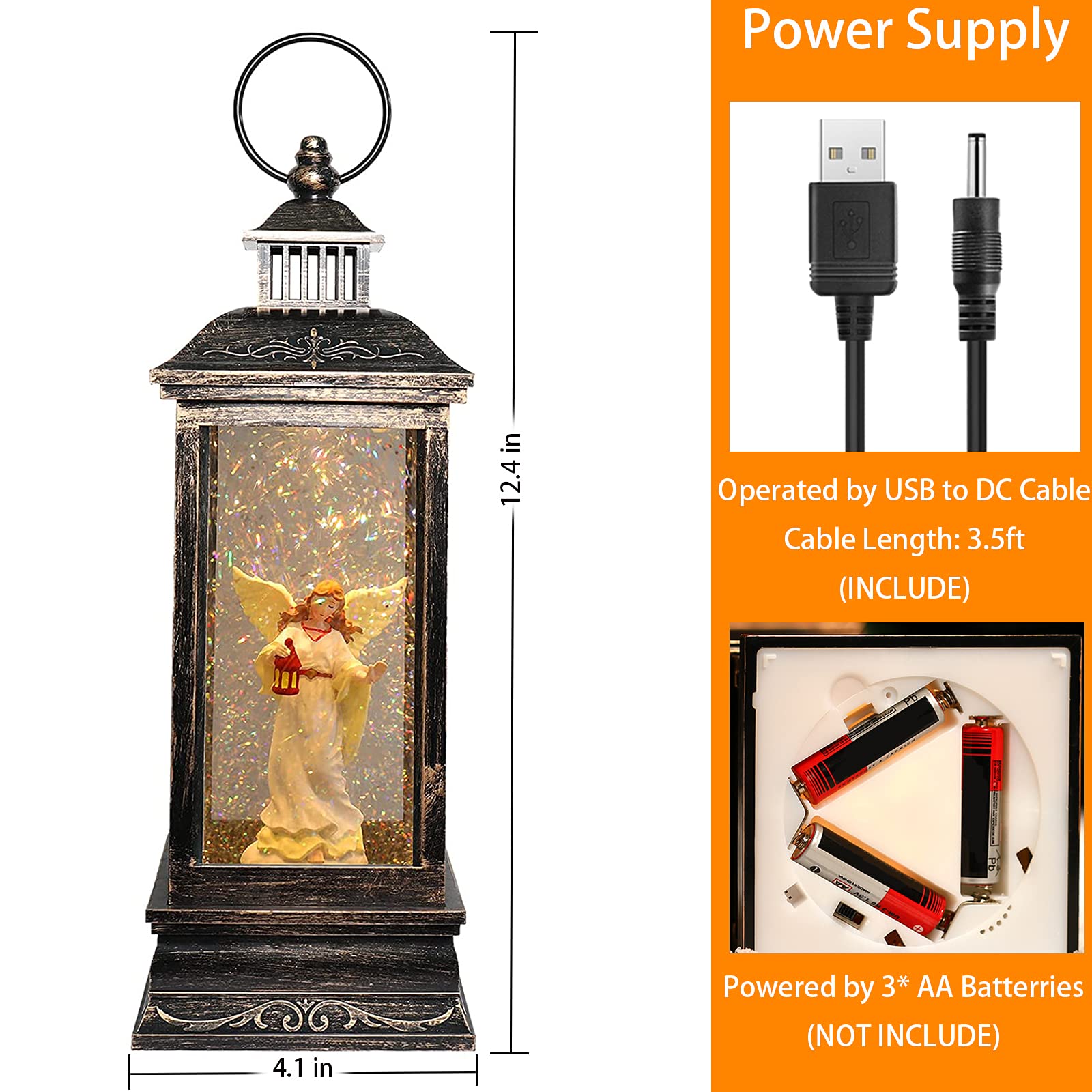 Christmas Water Glittering Snowing Globe Lantern Night Light with Music Plug-in and Battery Operated Gift for Birthday Xmas Valentines’ Day Thanks-Giving 12 Inches