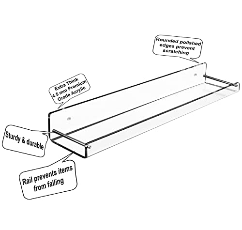 AMT 2 Pack Acrylic Floating Shelves, 15" L x 3.25" W, Clear Bathroom Wall Shelf, Bookshelves, Invisible Display for Office, Bedroom, Small Gap Allows Water to Escape, Free Screws & Drill Bit (Medium)