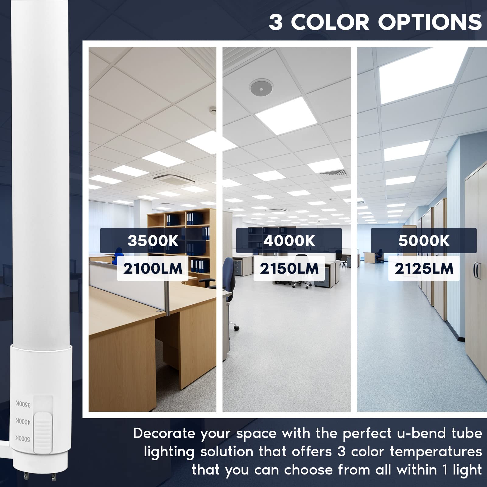 Luxrite U Bend LED Tube Light, T8 T12, 17.5W (32W Equivalent), 3 Colors 3500K | 4000K | 5000K, 2100 Lumens, Fluorescent Light Tube Replacement, Direct or Ballast Bypass, UL Certified, G13 Base, 2-Pack