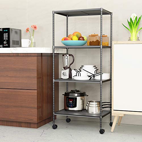 OVICAR 4-Tier Wire Storage Shelves, Adjustable Shelving Units with Wheels, Steel Metal Storage Rack for Kitchen Pantry Closet Laundry, Durable Organizer Garage Tool Storage Shelf (Black, 4 Tiers)