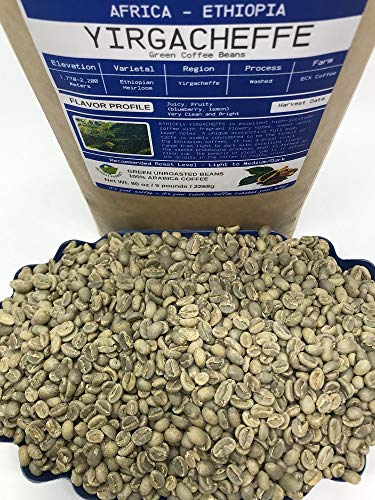 5 Pounds – African - Ethiopia Yirgacheffe - Unroasted Arabica Green Coffee Beans – Varietal Ethiopian Heirloom – Drying/Milling Process Washed SunDried – Unique Distinctive Taste - Includes Burlap Bag