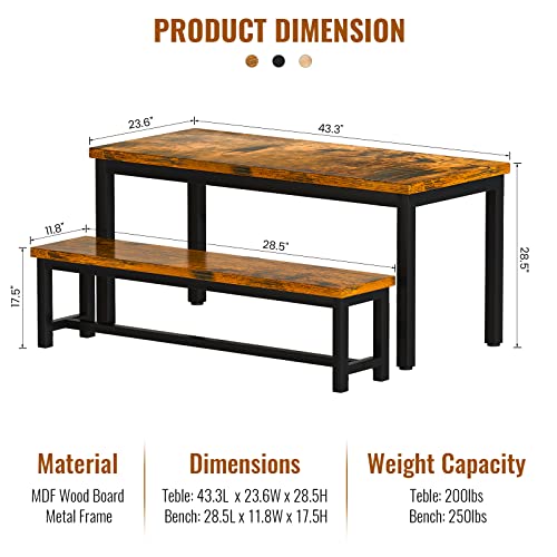 AWQM 43.3" Dining Table Set for 4, Kitchen Dining Table with 2 Benches, Dining Room Table Set with Metal Frame & Thickened Board for Kitchen, Restaurant, Rustic Brown