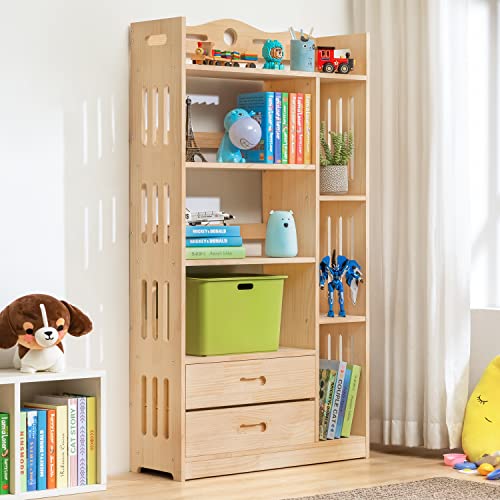 MoNiBloom 4 Tier Bookcase with Open Shelves and 2 Drawers, Large Modern Wood Heavy Duty Storage Display Stand Rack for Living Room, Natural