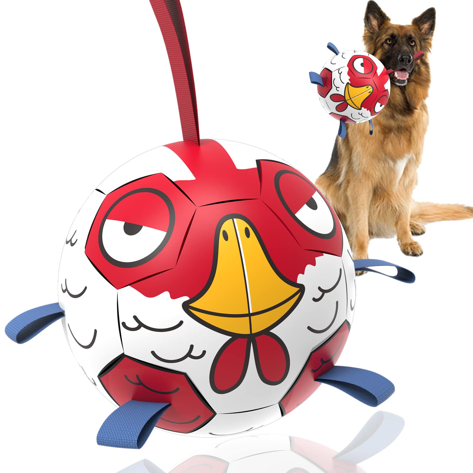QDAN Chicken Dog Toys Soccer Ball with Straps, Interactive Toys for Tug of War, Puppy Birthday Gifts, Dog Water Toy, Durable Balls for Dogs(8 Inch)