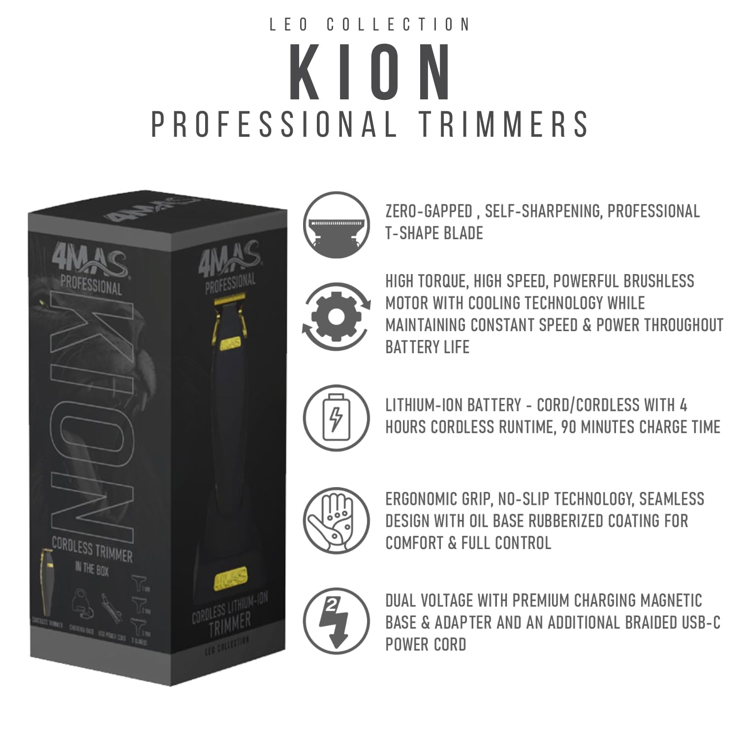 4MAS Kion Trimmer - Professional Hair & Beard, Zero-Gapped, Cordless Lithium-Ion Trimmer with Charging Base (Black & Gold)