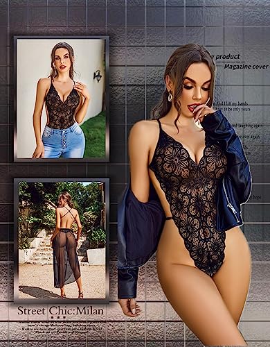 Avidlove Women Lingerie Sexy Nightgown 2 pieces Set Lace Teddy Sheer Wrap Skirt Black Medium