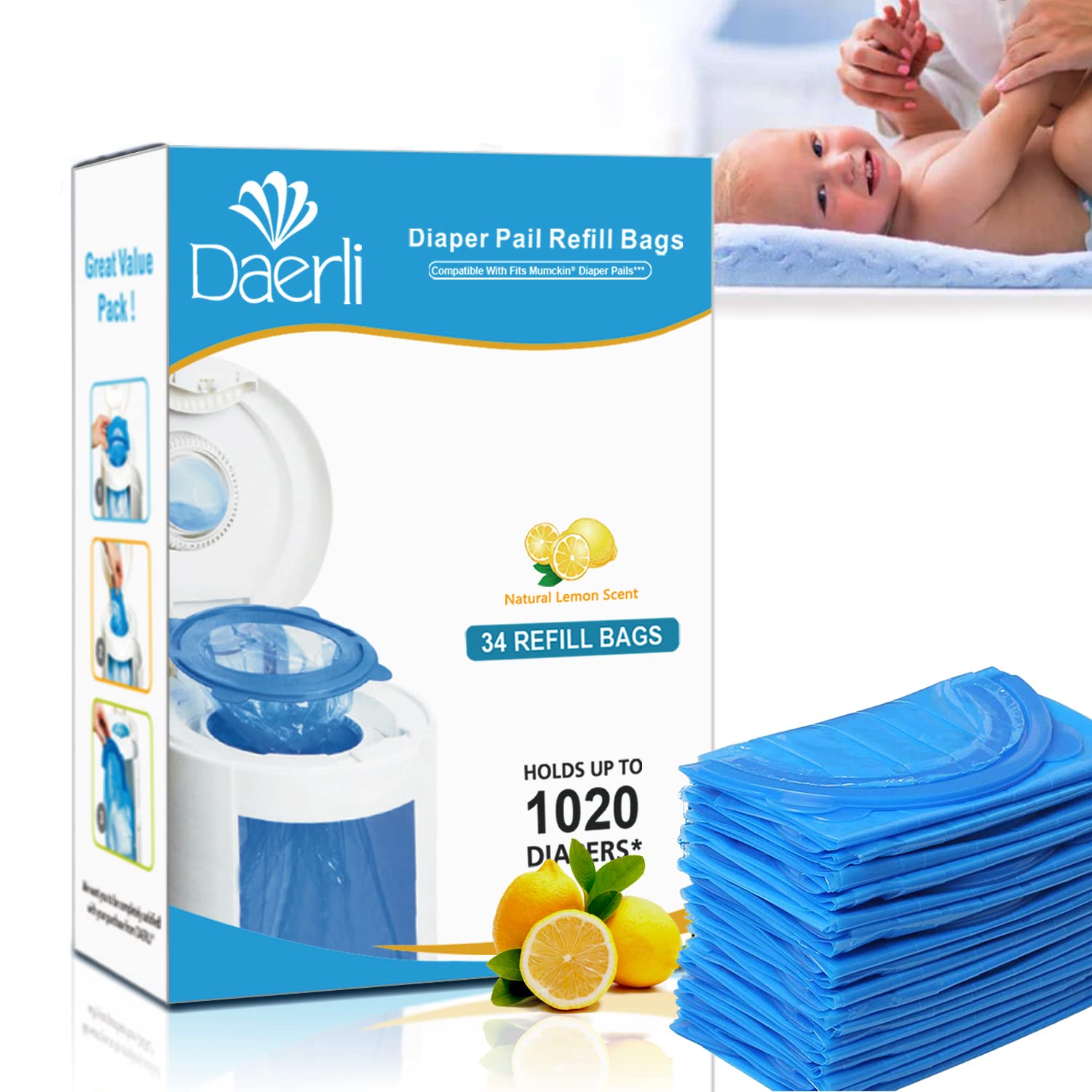Baby Diaper Pail Refill Bags,100% Lock Odor (34 Bags) True Value Pack Fully Compatible with Arm&Hammer Disposal System,Seal and Toss Refill Bags